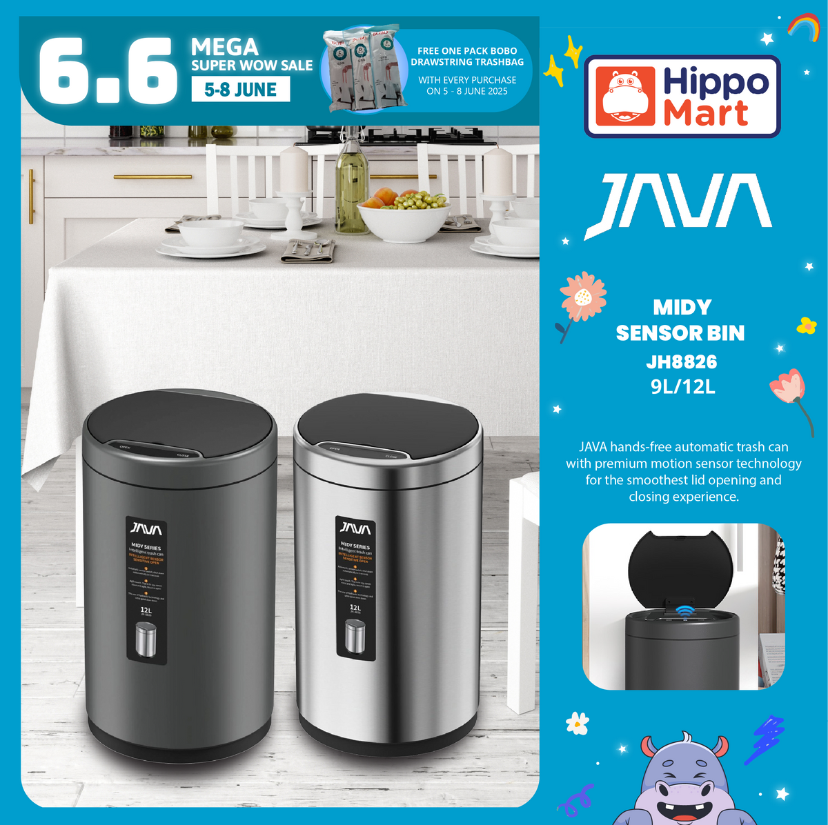 JAVA Dustbin | MIDY | JH8826 | 9L, 12L | Round Sensor Bin | Soft ...