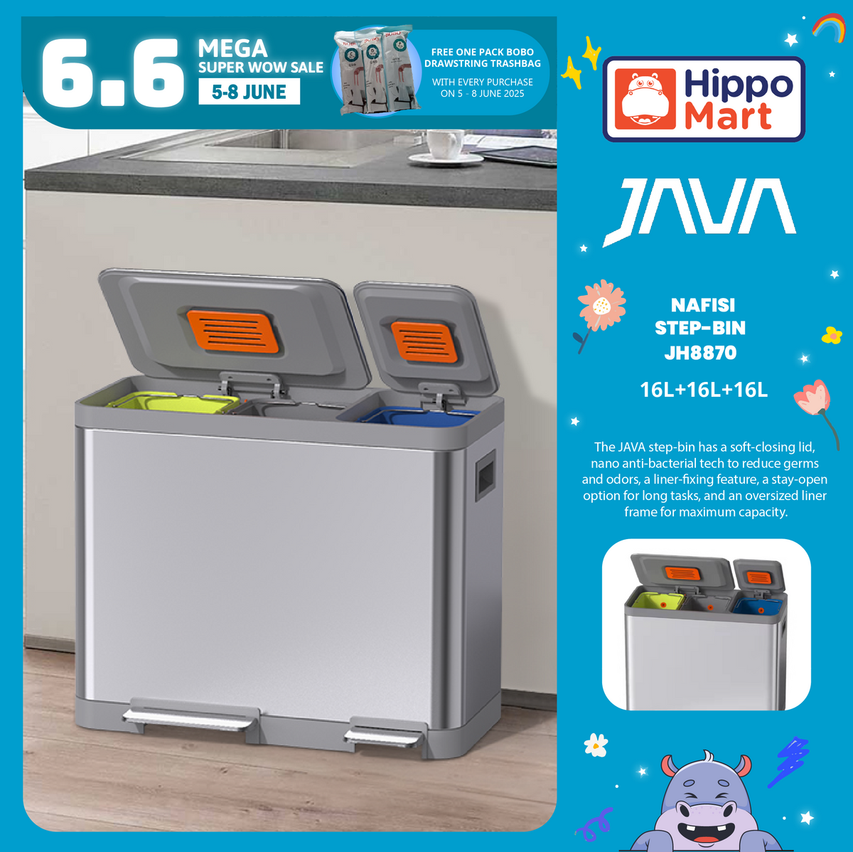 JAVA Recycling Bin | NAFISI | JH8870 | 16L+16L+16L | Triple Liner ...